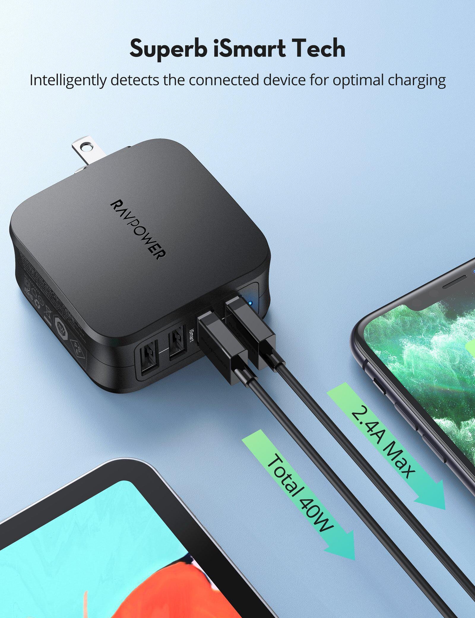 Order RAVPower 40W 4-Port USB Wall Charger 8A with Foldable Plug - RP ...
